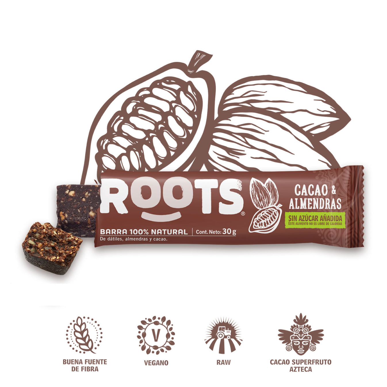 Roots Bar Cacao & Almendras 30g – República Saludable
